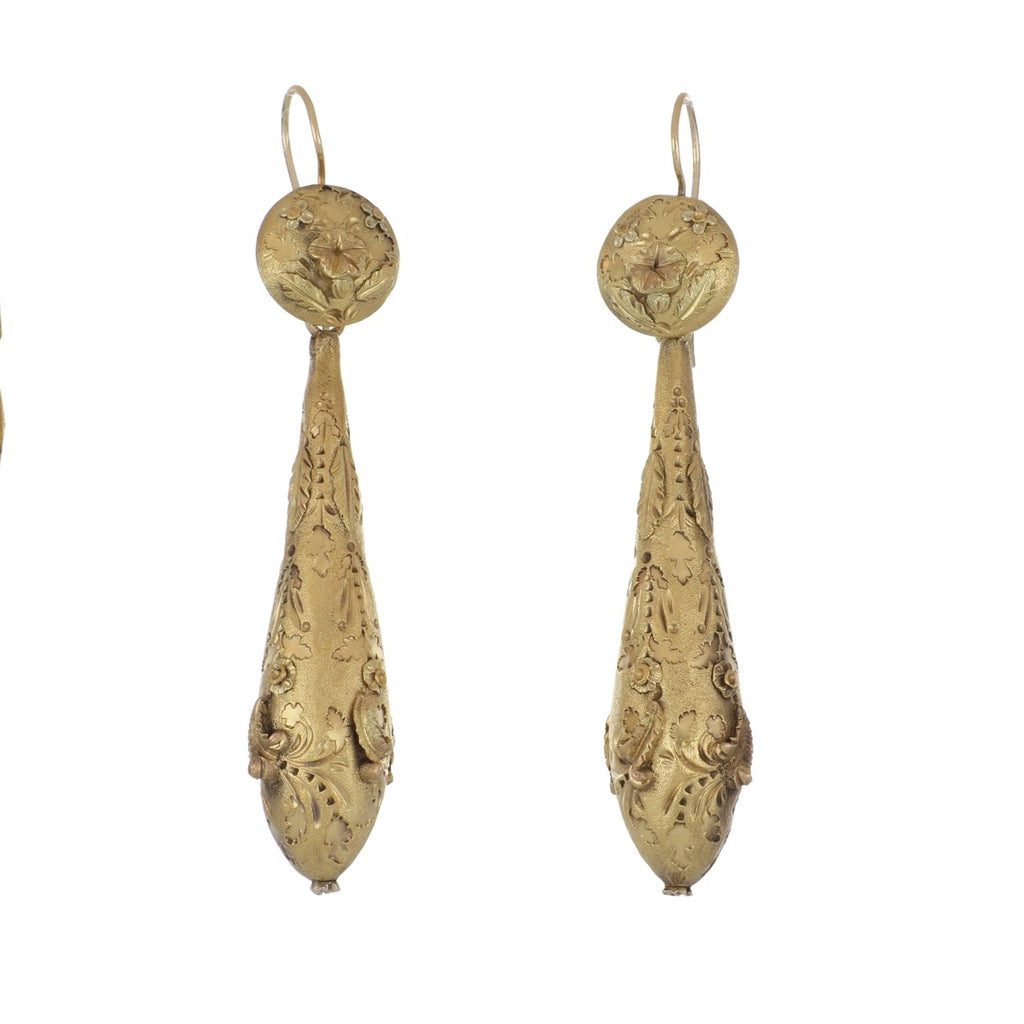 Georgian 18K Gold Textured Overlay Torpedo Drop Earrings – Tenenbaum ...